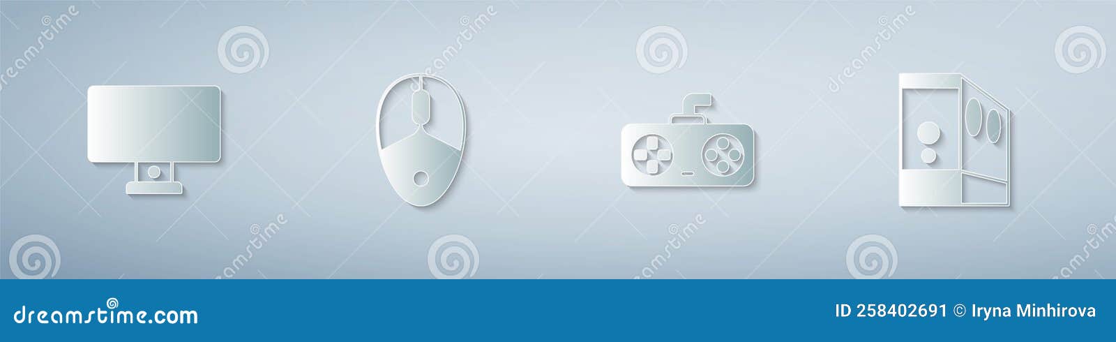 Set Computer Monitor Mouse Game Controller Joystick And Case Of Computer Paper Art Style