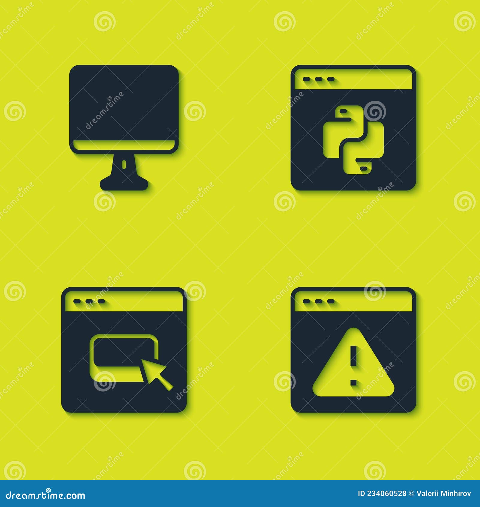 Set Computer Monitor Screen, Browser with Exclamation Mark, Files and ... Set Computer Monitor Screen, Browser with Exclamation Mark, Files and ...
