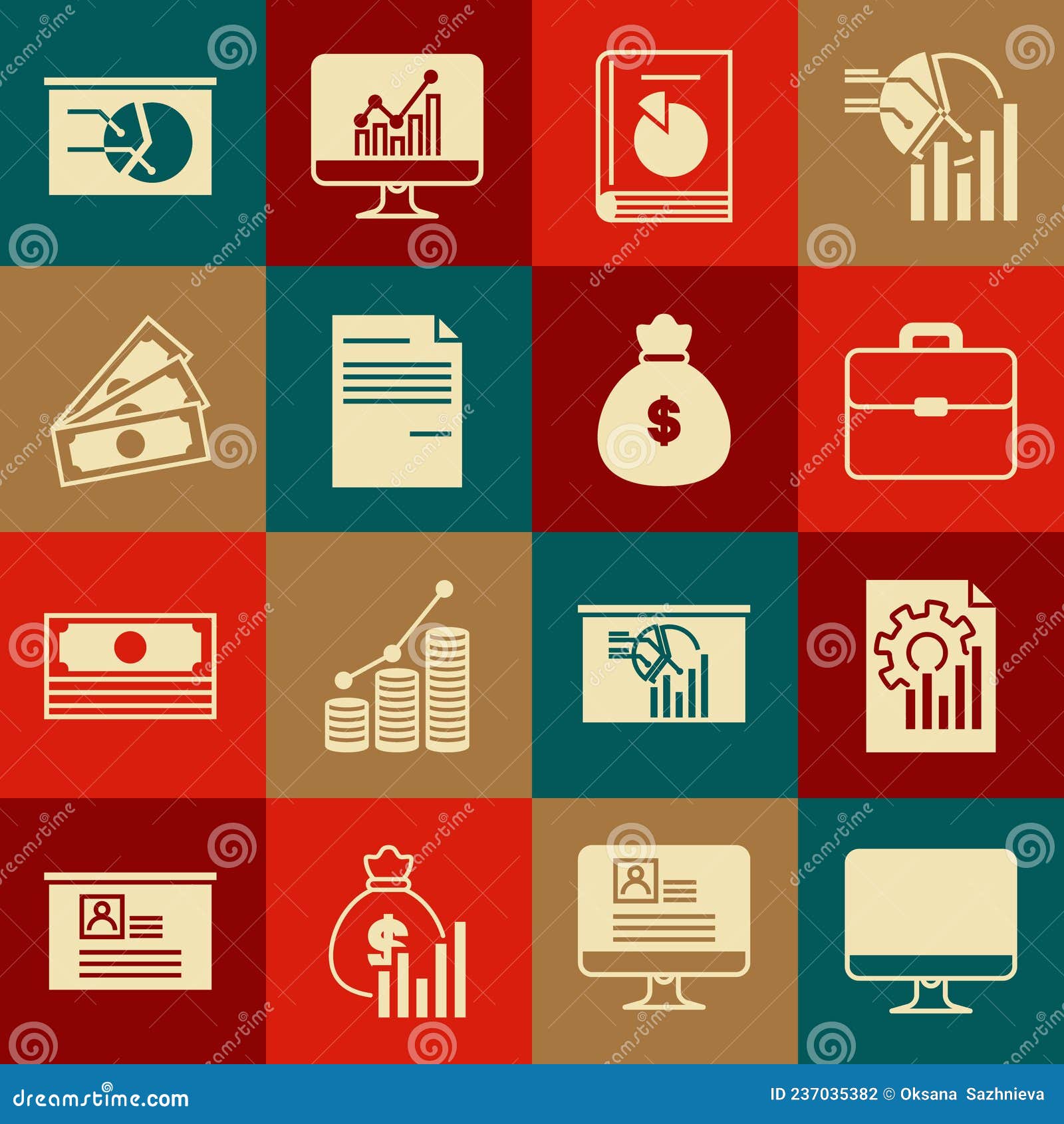 Set Computer Monitor Screen, Document with Graph Chart, Briefcase, User ... Set Computer Monitor Screen, Document with Graph Chart, Briefcase, User ...