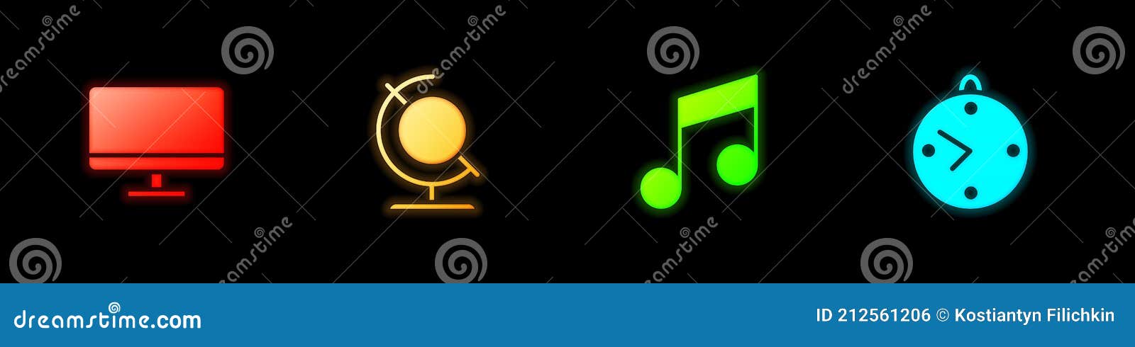 Set Computer Monitor Screen, Earth Globe, Music Note, Tone and Clock ...