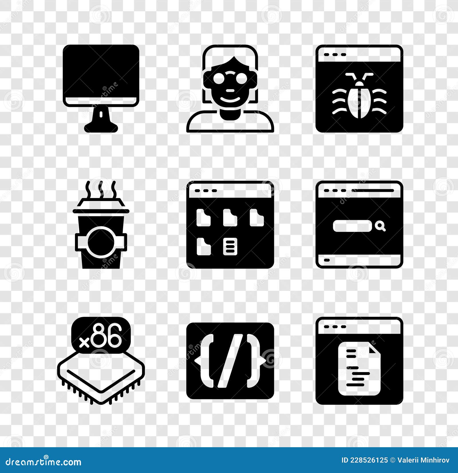 Set Computer Monitor Screen Hacker Coder System Bug Processor With Microcircuits Cpu