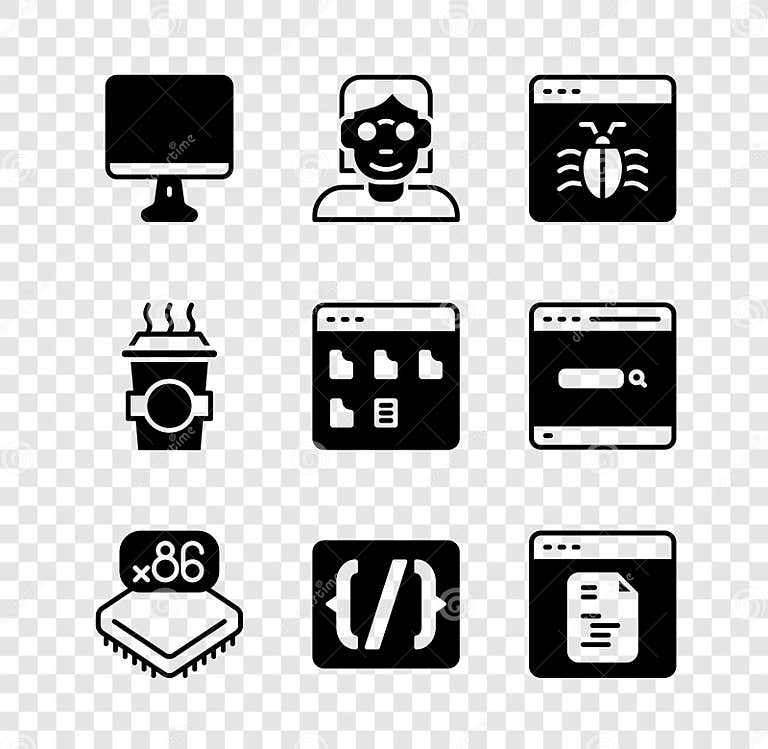 Set Computer Monitor Screen Hacker Coder System Bug Processor With Microcircuits Cpu