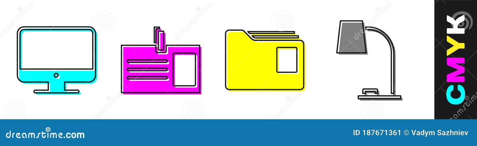 Set Computer Monitor Screen, Identification Badge, Document Folder and ...