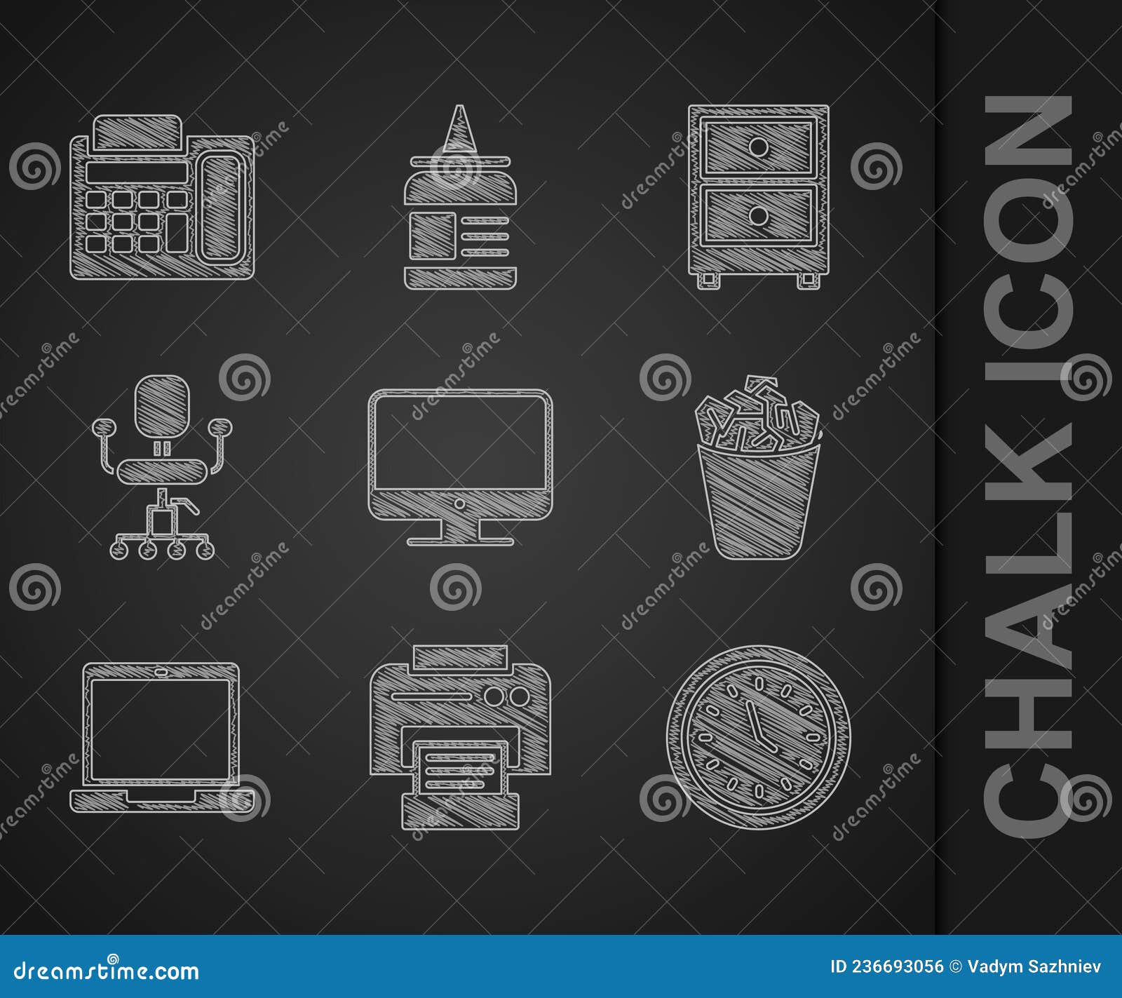 Set Computer Monitor Screen, Printer, Clock, Full Trash Can, Laptop ... Set Computer Monitor Screen, Printer, Clock, Full Trash Can, Laptop ...