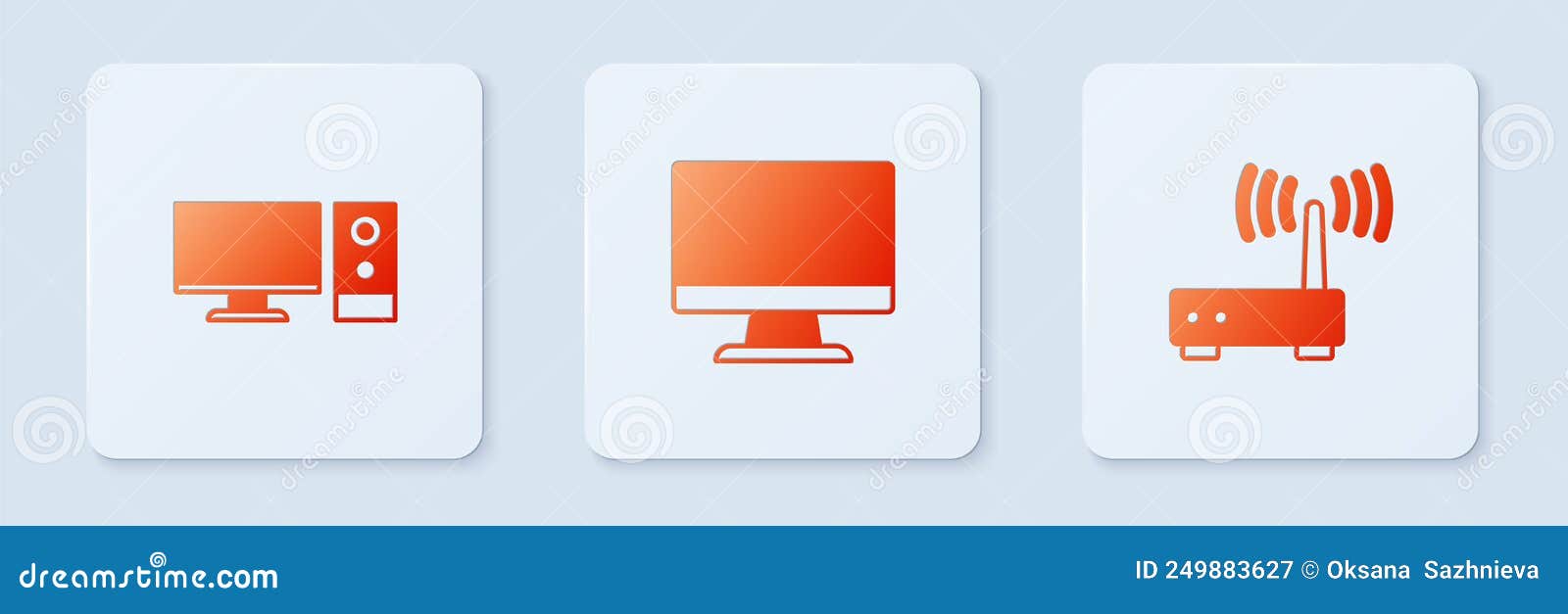 Set Computer Monitor Screen, and Router and Wi-fi Signal. White Square ... Set Computer Monitor Screen, and Router and Wi-fi Signal. White Square ...