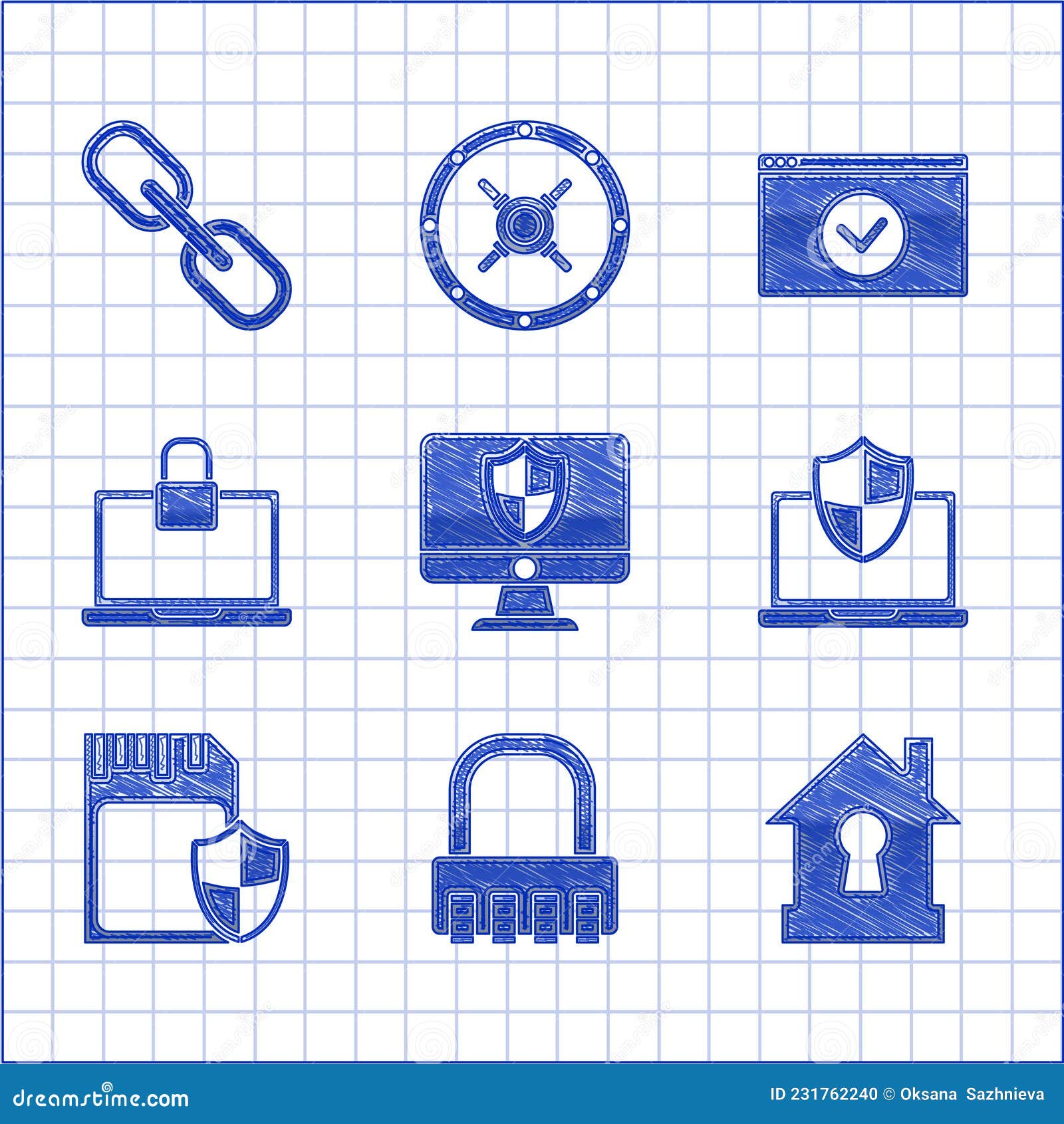 Set Computer Monitor and Shield, Safe Combination Lock, House Under ...