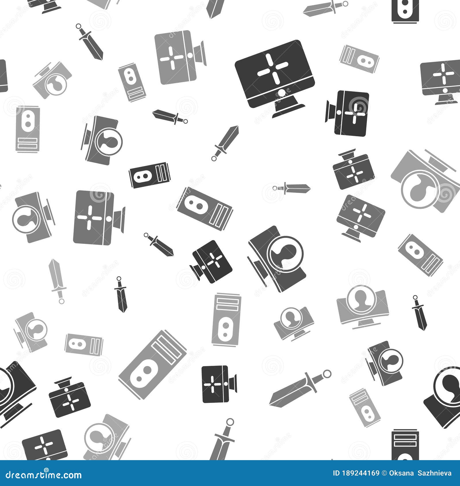 Set Computer Monitor Sword For Game Create Account Screen And Computer On Seamless Pattern