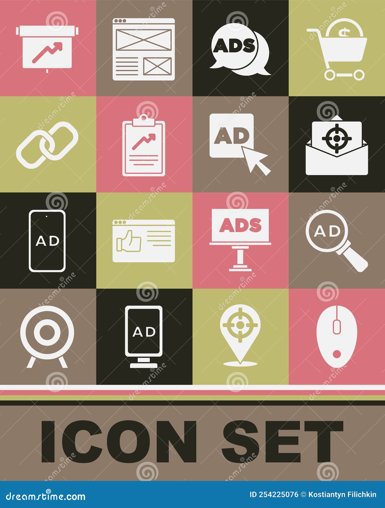 Set Computer Mouse, Advertising, Mail and E-mail, Clipboard with Graph ...