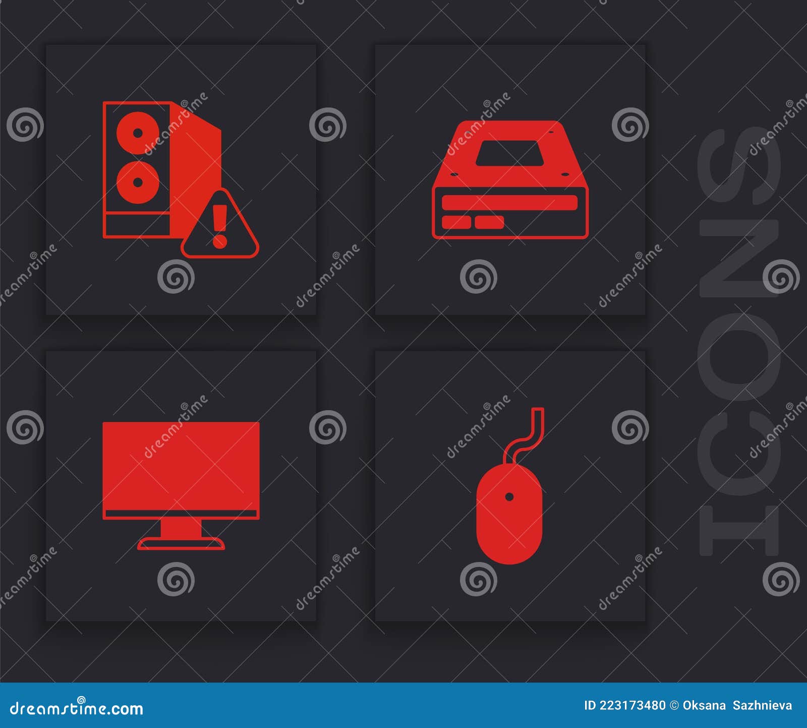Set Computer Mouse, Case of Computer, Optical Disc Drive and Monitor ...