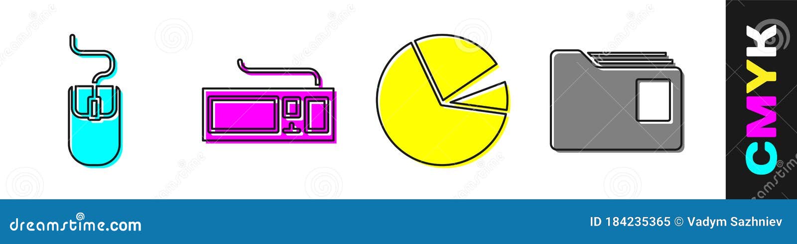 Set Computer Mouse, Keyboard, Pie Chart Infographic and Document Folder ...