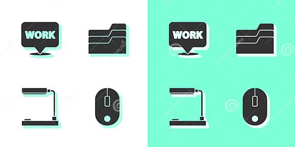 Set Computer Mouse, Location with Text Work, Table Lamp and Document ...