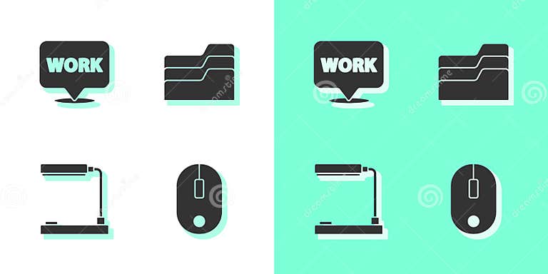 Set Computer Mouse, Location with Text Work, Table Lamp and Document ...