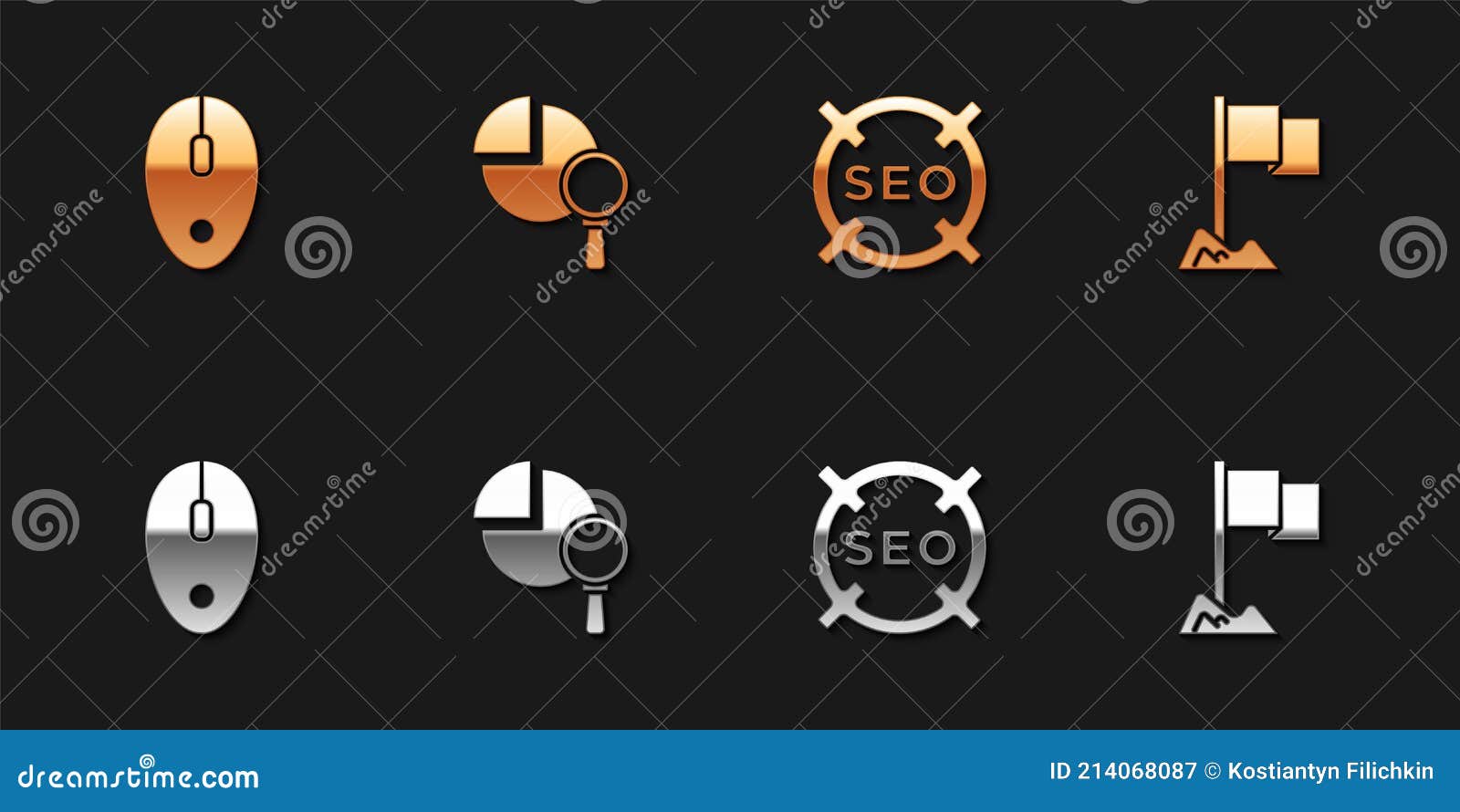 Set Computer Mouse, Magnifying Glass and Analysis, SEO Optimization and ...