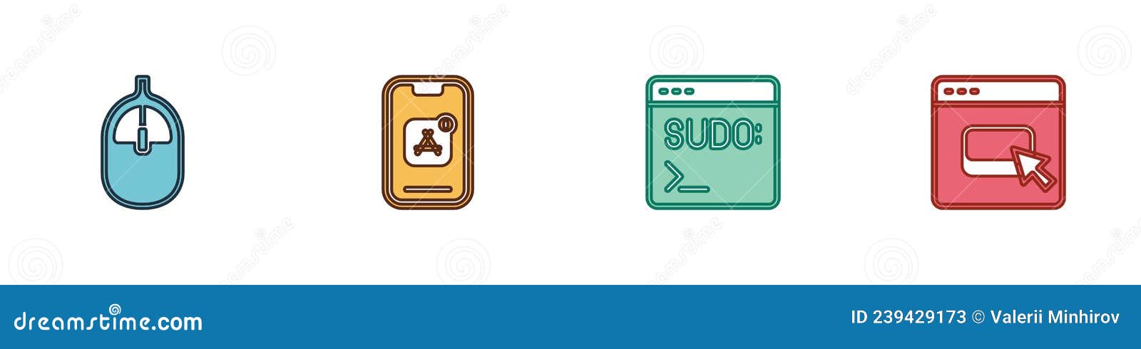 Set Computer Mouse, Mobile Apps, Code Terminal and Browser Files Icon. Vector Stock Illustration ...
