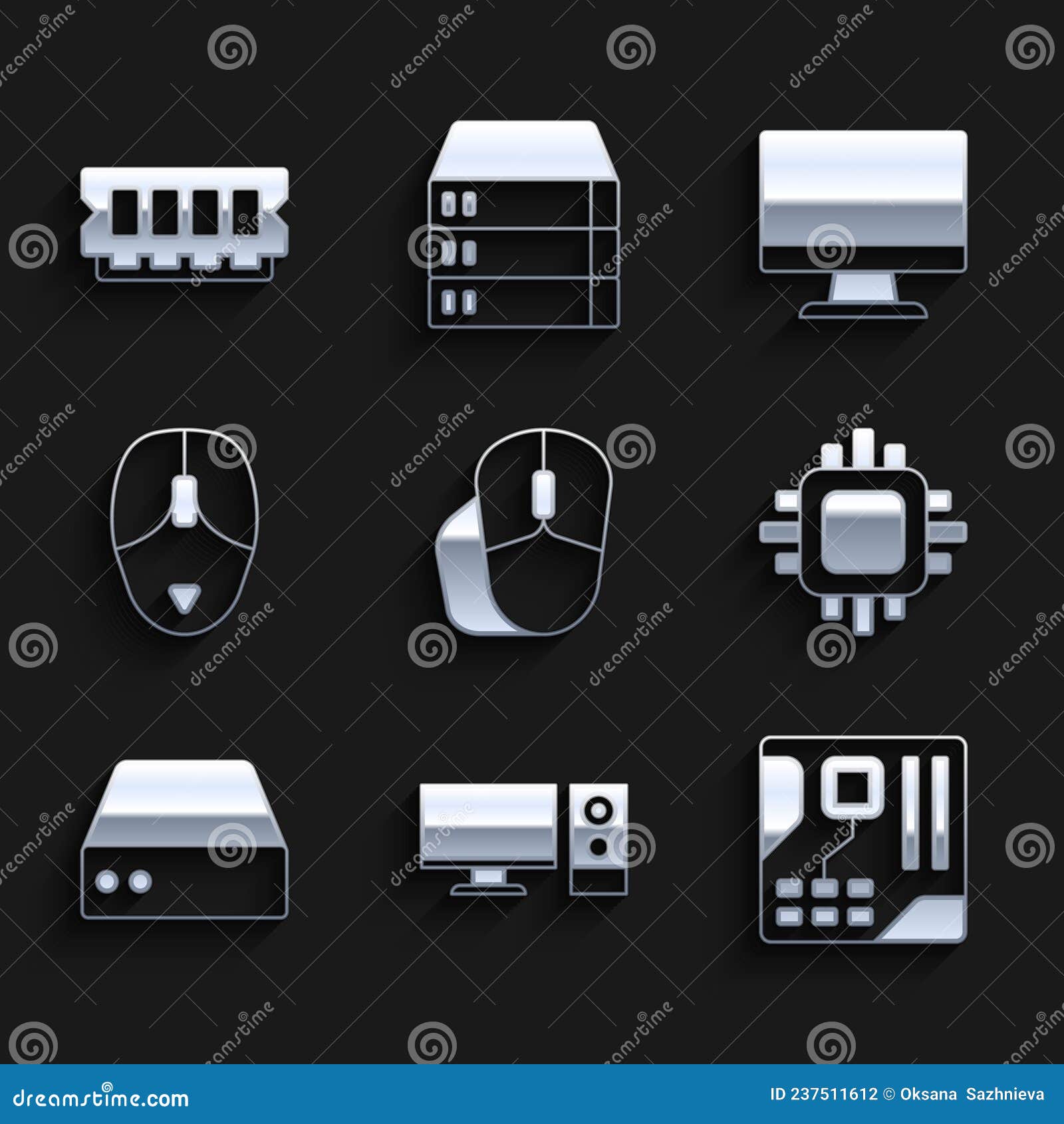 Set Computer Mouse, Monitor, Motherboard Digital Chip, Processor with CPU, Server, Data, Web ...