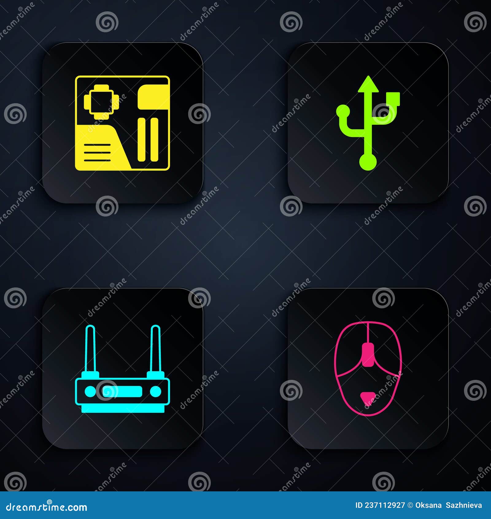 Set Computer Mouse, Motherboard Digital Chip, Router and Wi-fi Signal ...