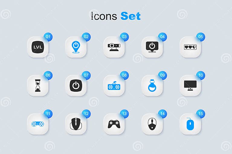 Set Computer Mouse, Power Button, Game Controller or Joystick, Monitor, Level Game and Icon ...