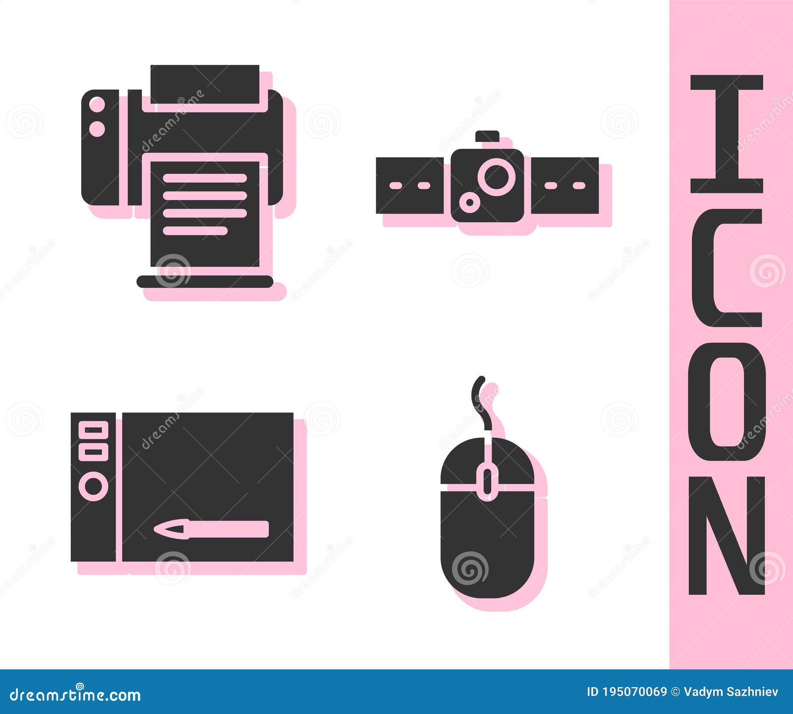 Set Computer Mouse, Printer, Graphic Tablet and Smartwatch Icon. Vector ...