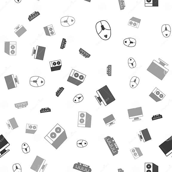 Set Computer Mouse, RAM, Random Access Memory, Monitor Screen and Case of Computer on Seamless ...