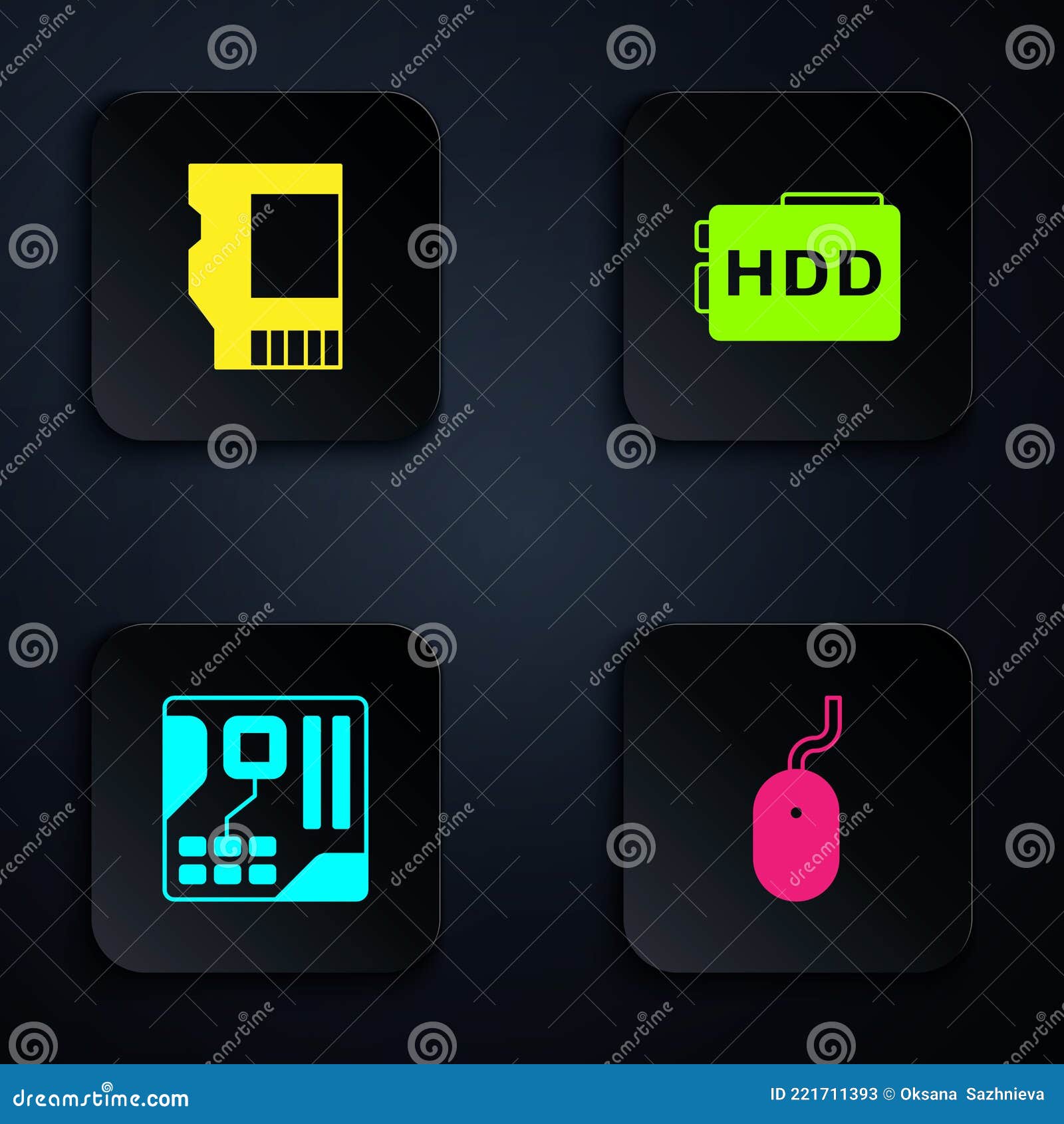 Set Computer Mouse, SD Card, Motherboard Digital Chip and Hard Disk ...