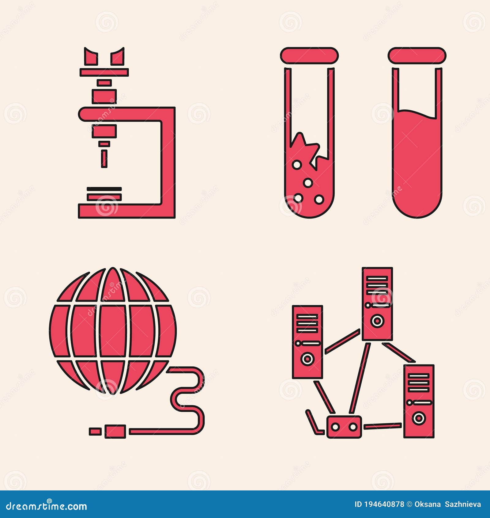 Set Computer Network, Microscope, Test Tube and Flask and Social ...