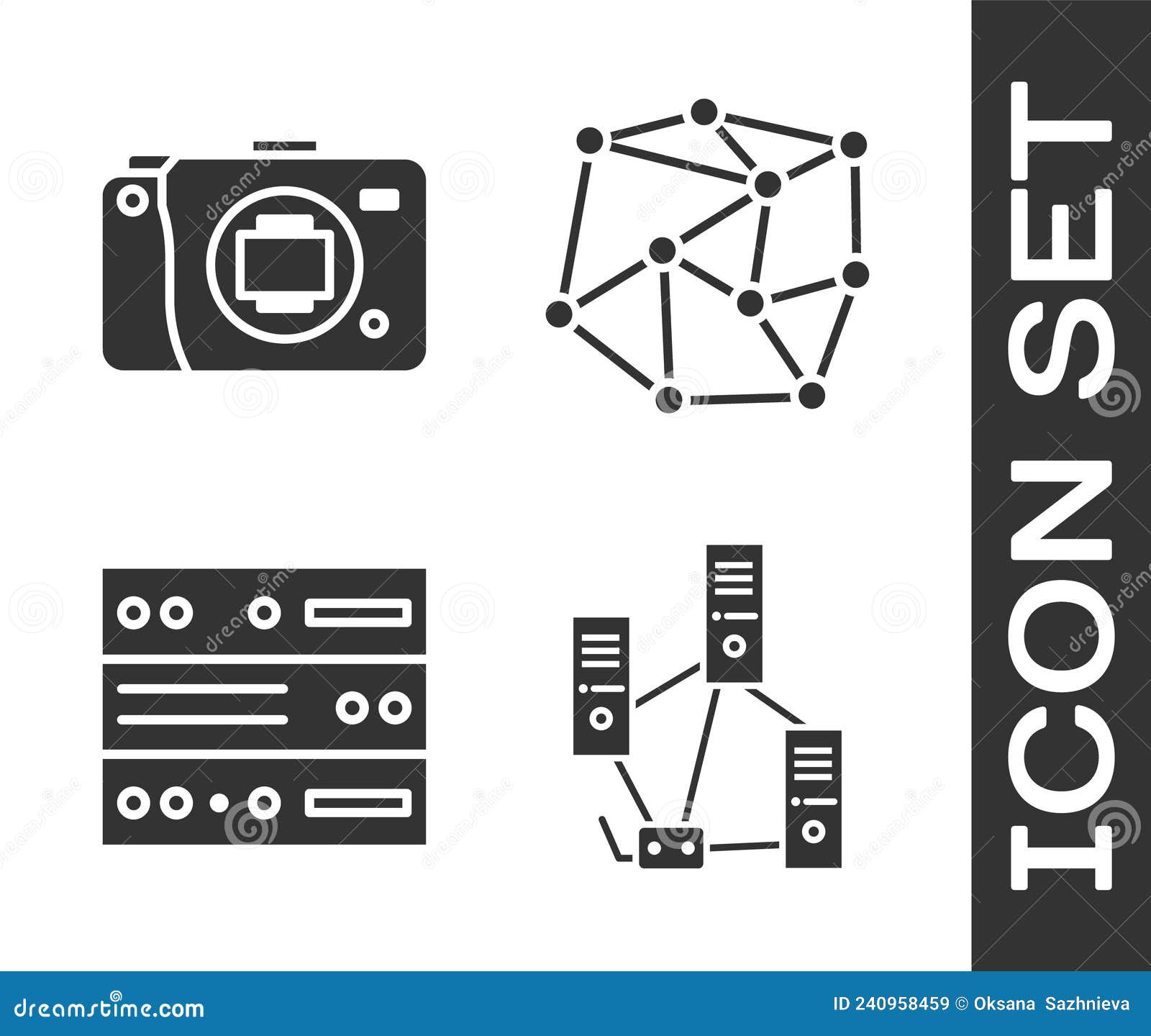 Set Computer Network, Mirrorless Camera, Server, Data, Web Hosting and Neural Network Icon ...
