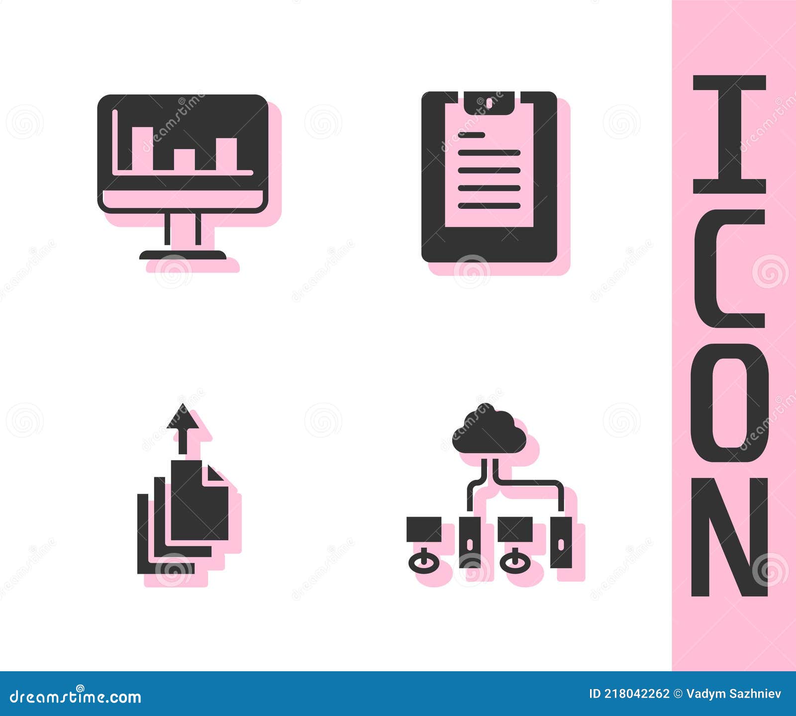 Set Computer Network Monitor With Graph Chart Data Export And Server Report Icon Vector