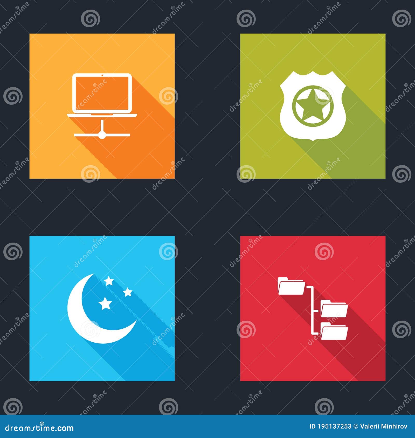 Set Computer Network, Police Badge, Moon and Stars and Folder Tree Icon ... Set Computer Network, Police Badge, Moon and Stars and Folder Tree Icon ...