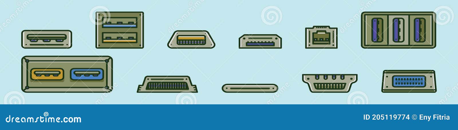 Set of Computer Ports Type Icon Design Template with Various Models ...