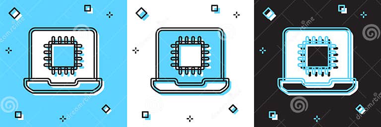 Set Computer Processor with Microcircuits CPU Icon Isolated on Blue and White, Black Background ...