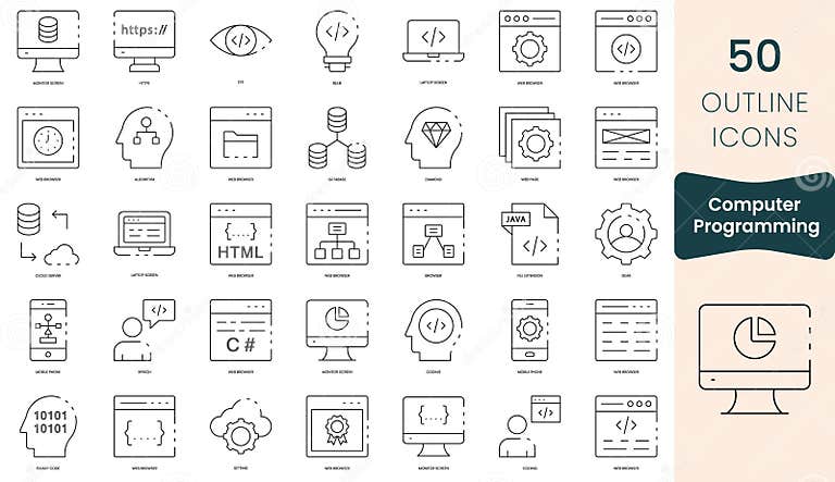 Set of Computer Programming Icons. Thin Outline Icons Pack Stock Vector - Illustration of symbol ...