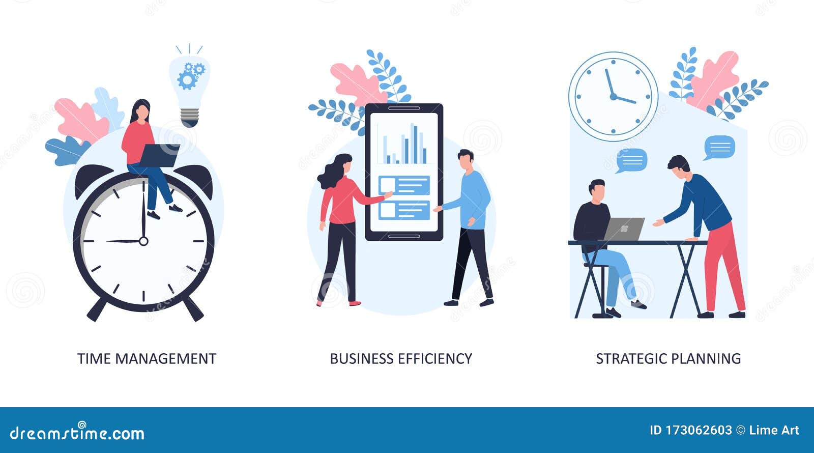 Set of 3 Concepts: Time Management, Business Efficiency, Strategic ... Set of 3 Concepts: Time Management, Business Efficiency, Strategic ...
