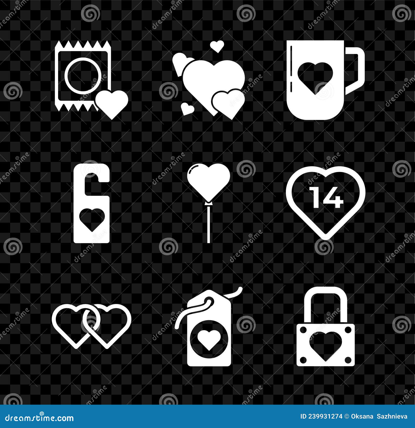 Set Condom In Package Heart Coffee Cup And Heart Two Linked Hearts