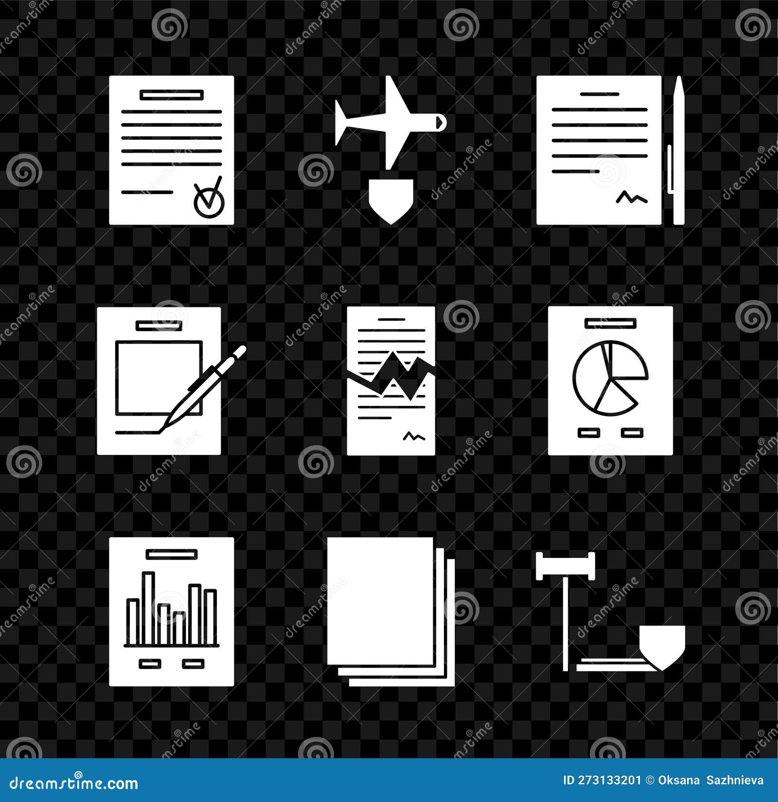 Set Confirmed Document And Check Mark, Plane With Shield, Contract Pen ... Set Confirmed Document And Check Mark, Plane With Shield, Contract Pen ...