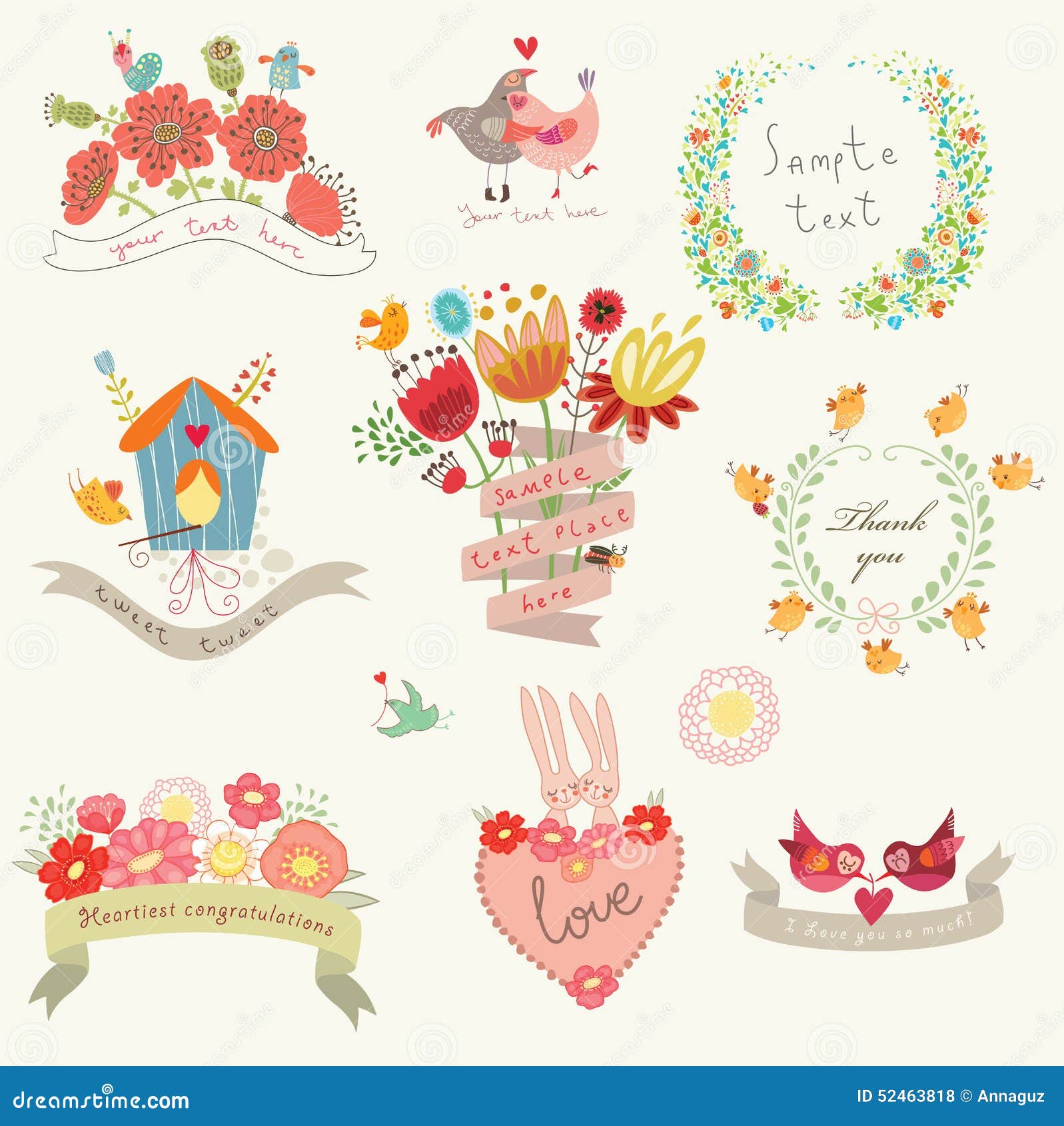 Set For Congratulations With Cute Characters Vector Illustration ...