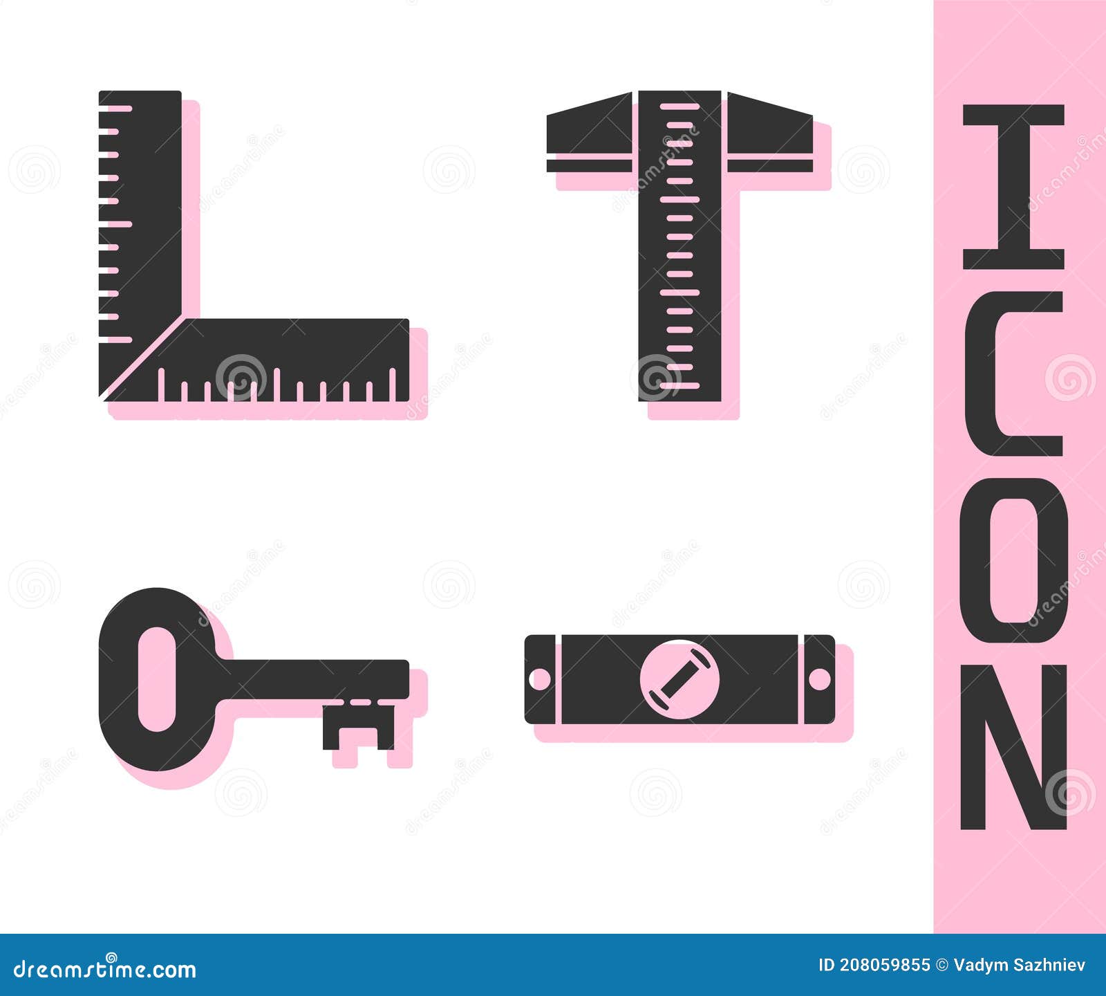Set Construction Bubble Level, Corner Ruler, Old Key and T-square Line ...