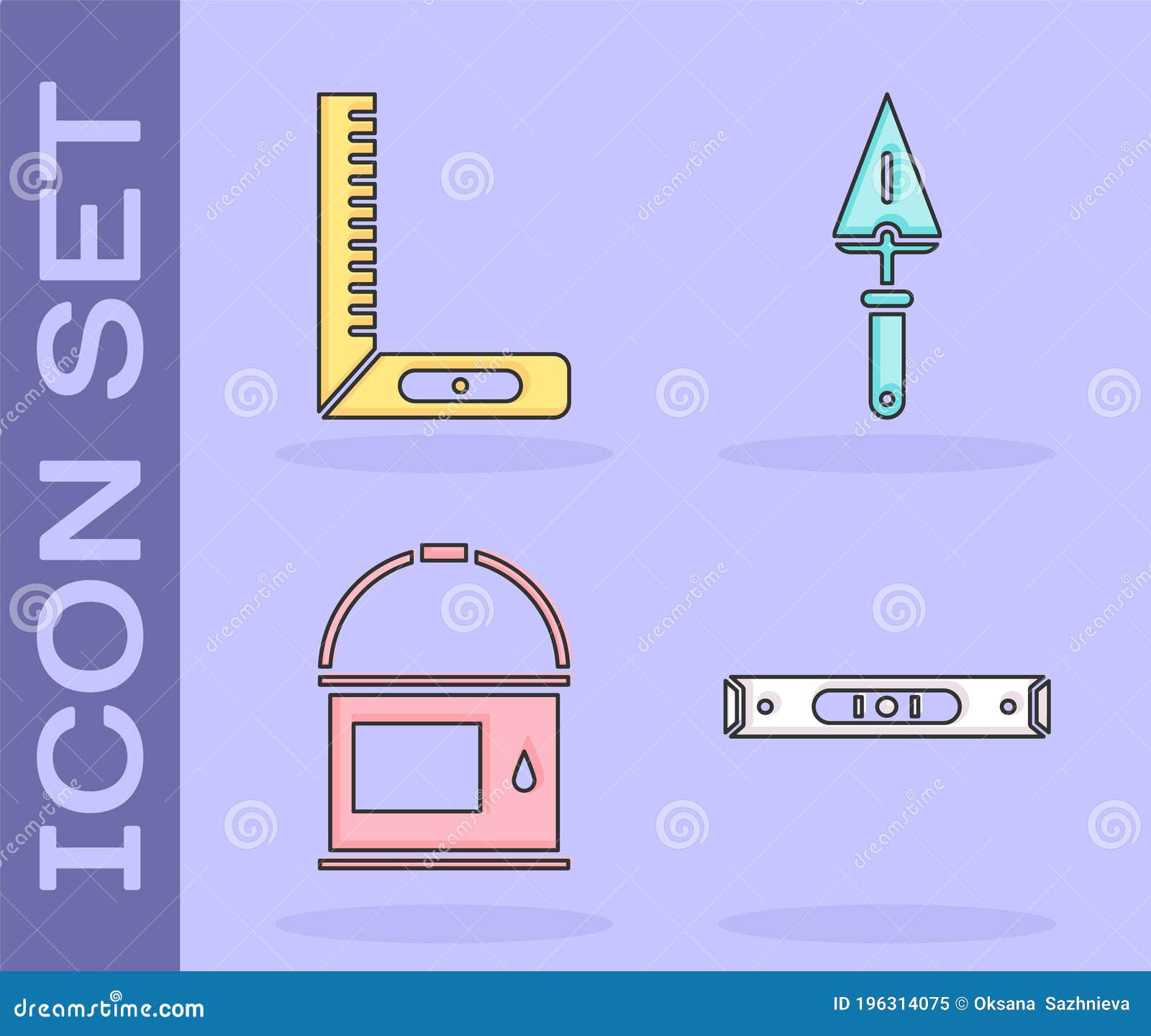 Set Construction Bubble Level, Corner Ruler, Paint Bucket and Trowel ...