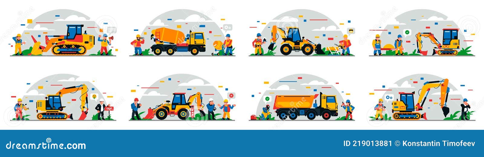 A Set of Construction Equipment and Workers on the Site. Colorful ...