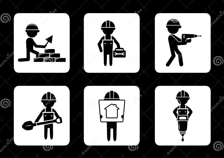 Set Construction Icons with Builders Stock Illustration - Illustration ...