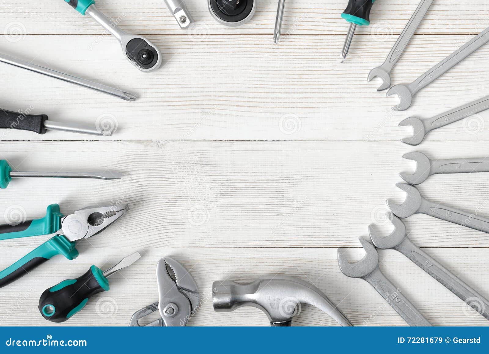 Set of Construction Instruments and Tools Placed on Wooden Surface with ...