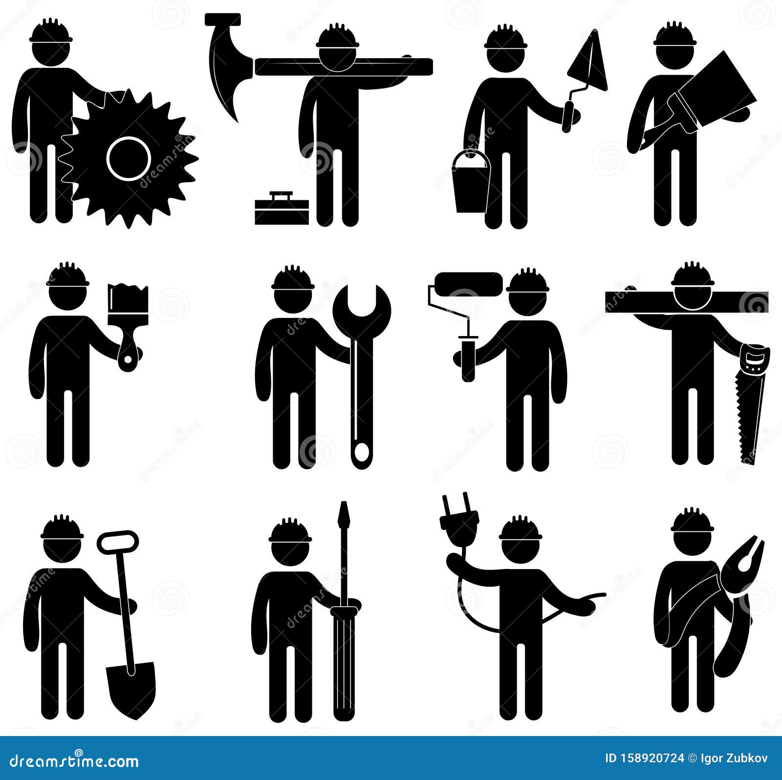 Set Of Construction Professions Icons. Collection Of Stylized Signs Of ...