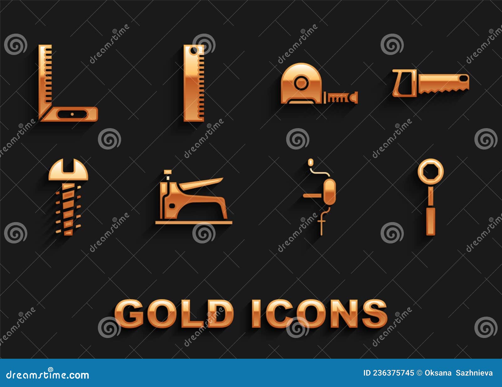 Set Construction Stapler, Hand Saw, Wrench Spanner, Drill, Metallic ...