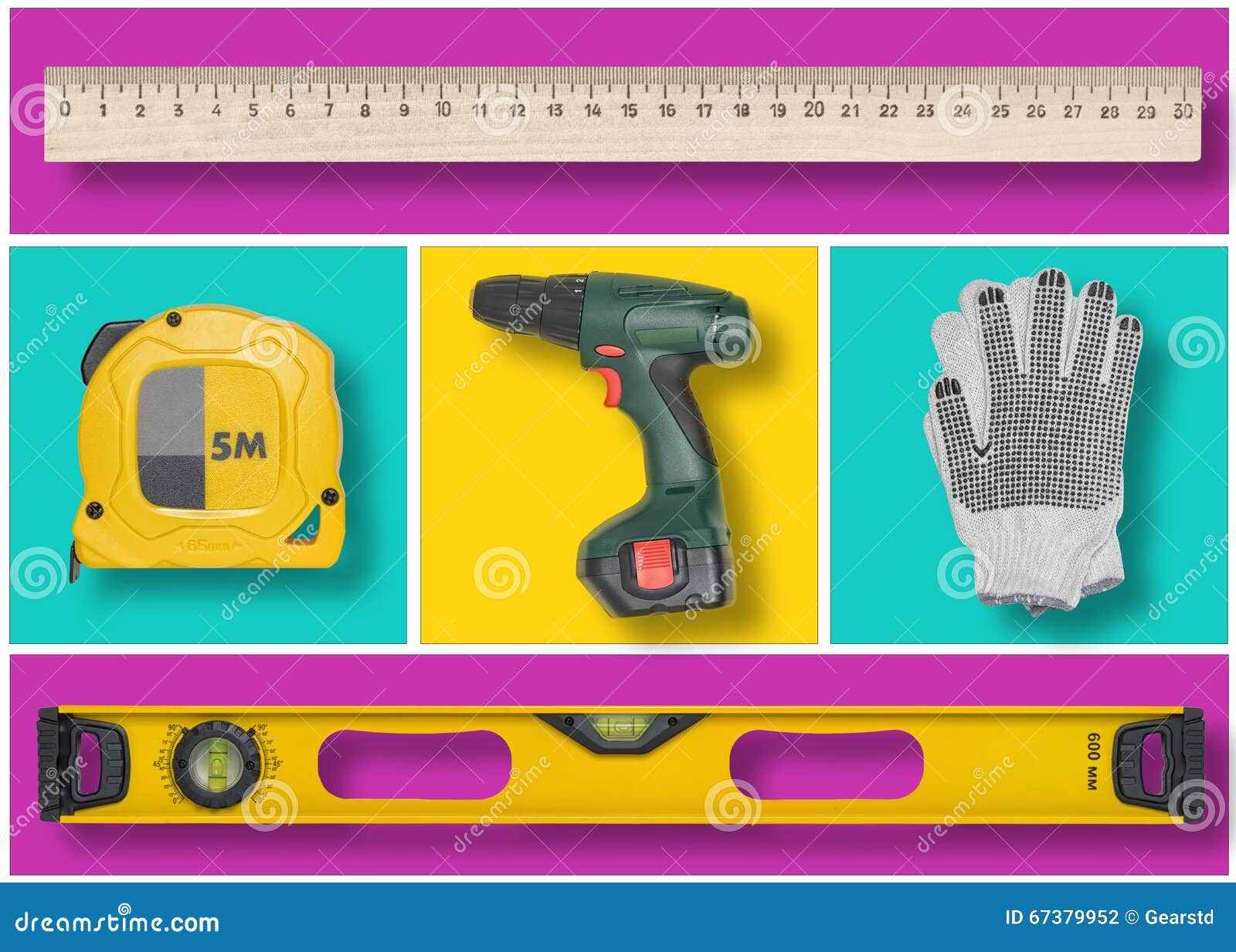 Set of Construction Tools in Blue, Yellow and Purple Rectangles Like ...
