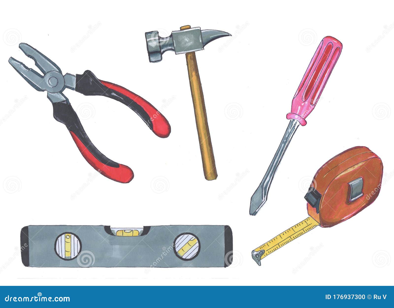 A Set of Construction Tools, Marker Style Stock Illustration ...