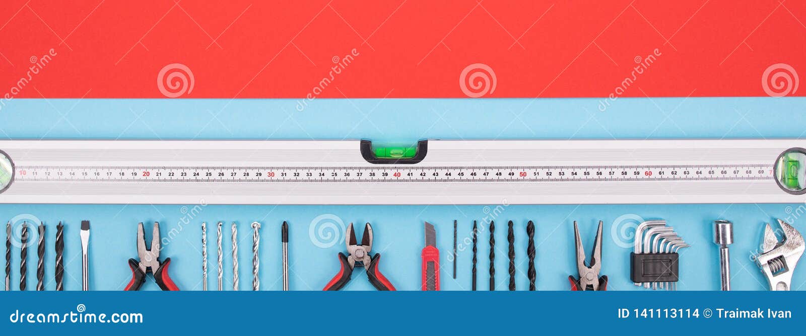 Set of Construction Tools on Red-blue Background Stock Photo - Image of ...