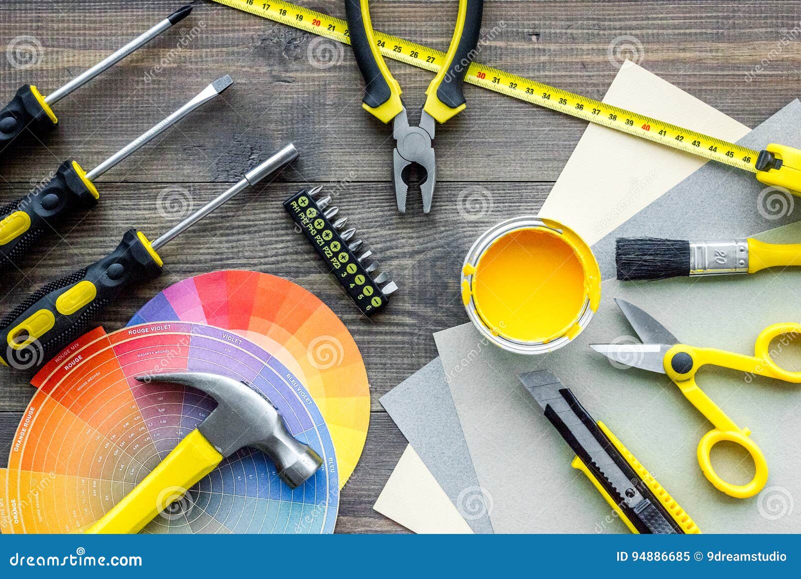 Set of Construction Tools on Wooden Background Top View Stock Image ...