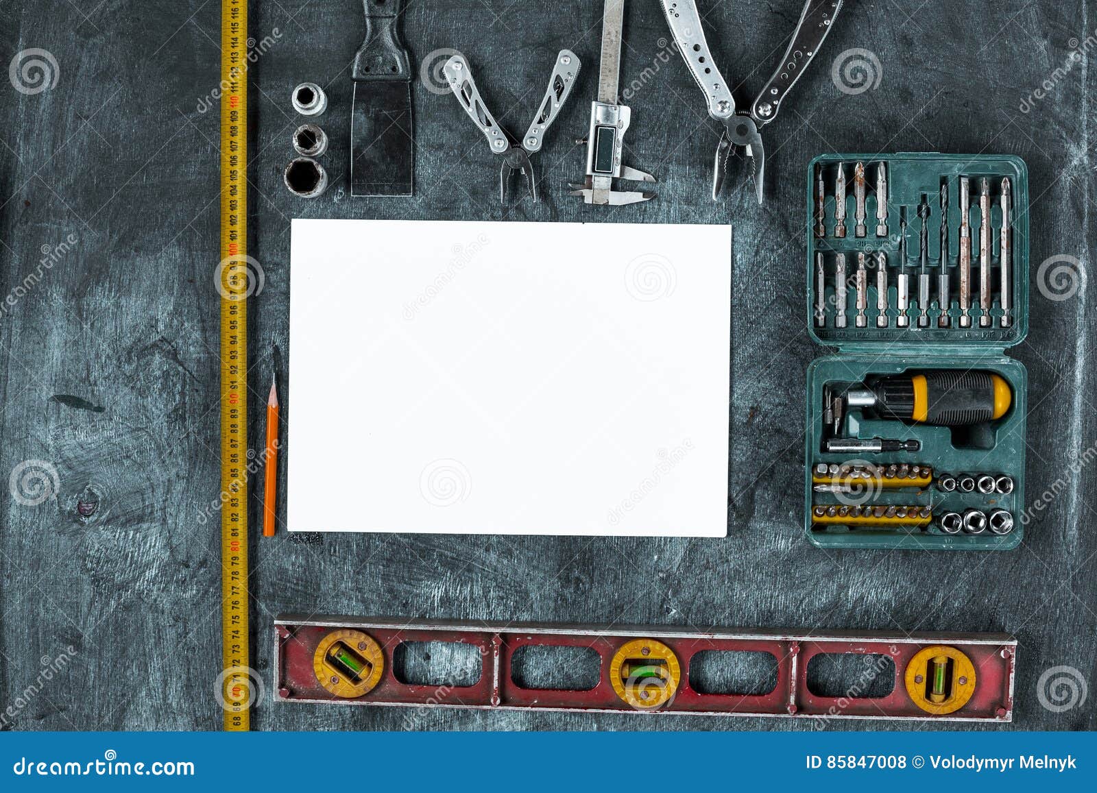 The Set of Construction Tools on Wooden Table Stock Photo - Image of ...