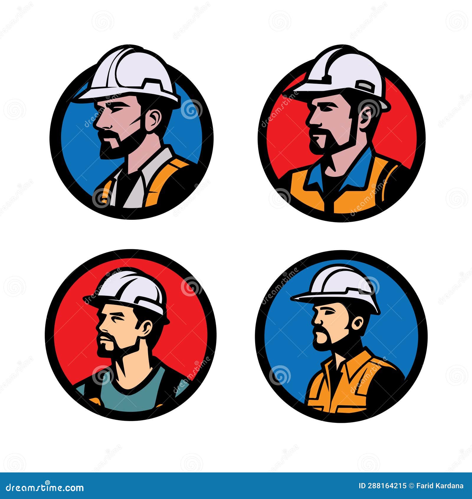Set of Construction Worker Illustration with Helmet in Retro Flat ...