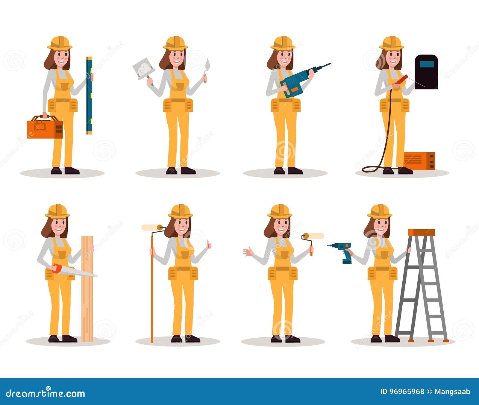 Set of Construction Worker. Worker Woman with Construction Tools in ...