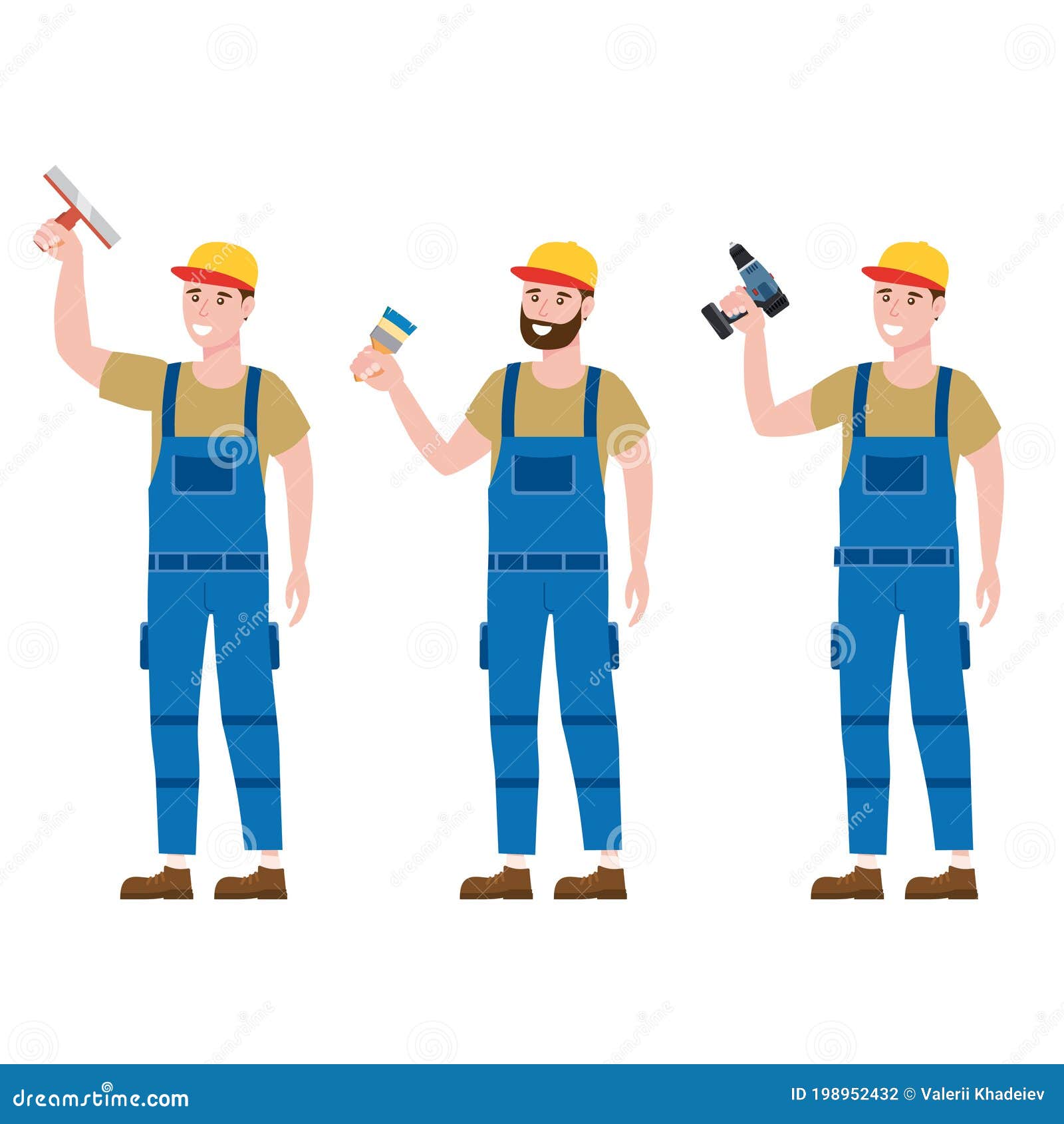 Set Construction Workers with Cordless Screwdriver, Brush, Plastering ...